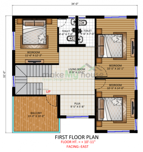 34*32 House plan, 1088 SqFt Floor Plan duplex Home Design- 12355