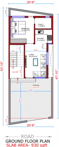 20*47 House plan, 940 SqFt Floor Plan triplex Home Design- 12451
