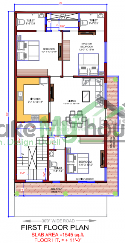 27*60 House plan, 1620 SqFt Floor Plan duplex Home Design- 12480
