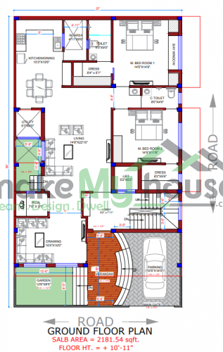 37*64 House plan, 2368 SqFt Floor Plan triplex Home Design- 12509
