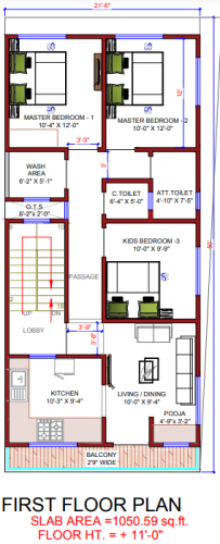 24*50 House plan, 1200 SqFt Floor Plan triplex Home Design- 12553