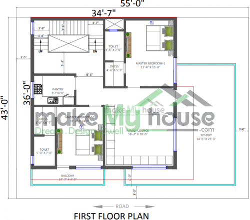55*43 House plan, 2365 SqFt Floor Plan triplex Home Design- 12647