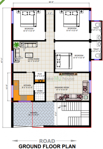 30*47 House plan, 1410 SqFt Floor Plan duplex Home Design- 12652