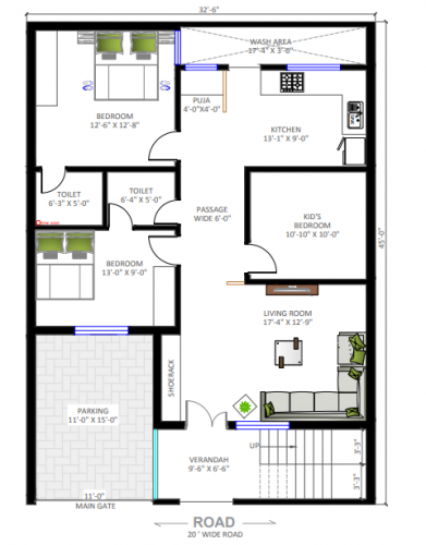 32*45 House plan, 1440 SqFt Floor Plan singlex Home Design- 12676