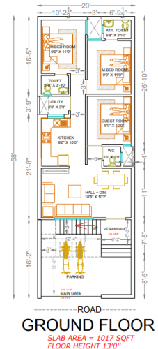 20*58 House plan, 1160 SqFt Floor Plan duplex Home Design- 12734