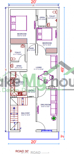 20*49 House plan, 980 SqFt Floor Plan duplex Home Design- 12736