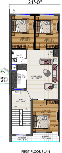 21*55 House plan, 1155 SqFt Floor Plan duplex Home Design- 12780