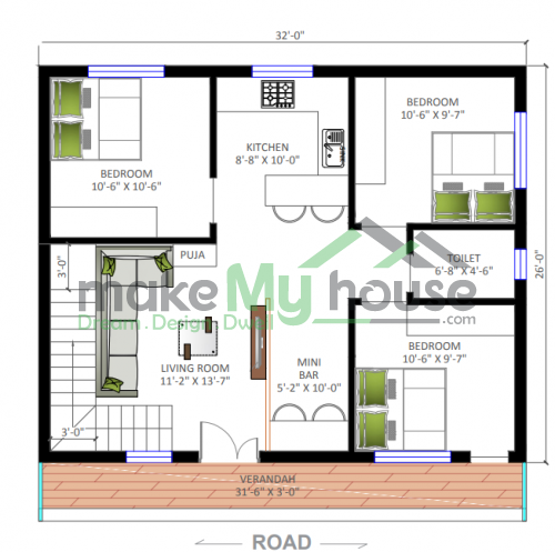 32*26 House plan, 832 SqFt Floor Plan singlex Home Design- 12828