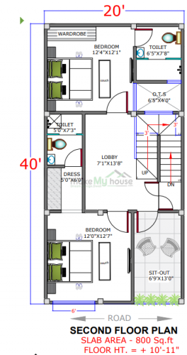 20*40 House plan, 800 SqFt Floor Plan triplex Home Design- 12904