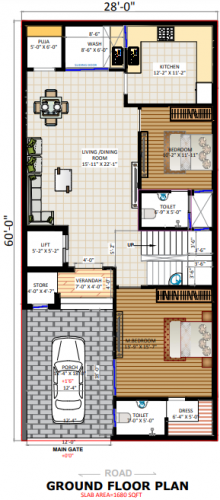 28*60 House plan, 1680 SqFt Floor Plan duplex Home Design- 12997