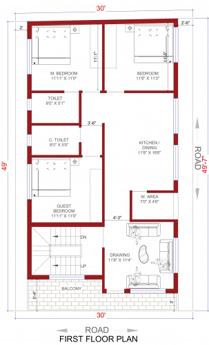 30*49 House plan, 1470 SqFt Floor Plan duplex Home Design- 11580