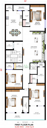 30*85 House plan, 2550 SqFt Floor Plan singlex Home Design- 13079