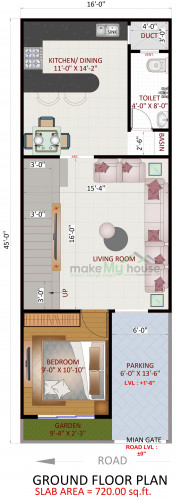 16*45 House plan, 720 SqFt Floor Plan triplex Home Design- 13130