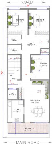 24*72 House plan, 1728 SqFt Floor Plan duplex Home Design- 13134