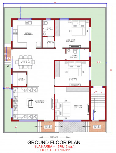 45*55 House plan, 2475 SqFt Floor Plan singlex Home Design- 11199
