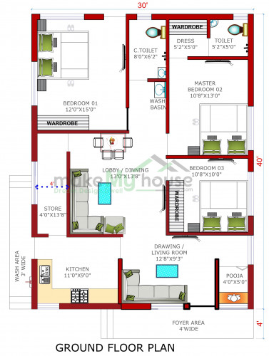 50*40 House plan, 2000 SqFt Floor Plan singlex Home Design- 11216