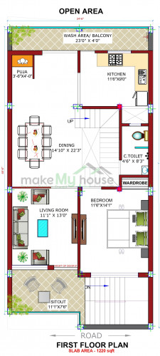 25*51 House plan, 1275 SqFt Floor Plan triplex Home Design- 11252