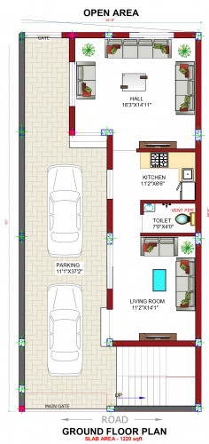 25*51 House plan, 1275 SqFt Floor Plan triplex Home Design- 11252