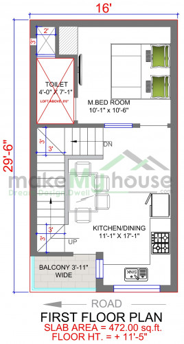 16*27 House plan, 432 SqFt Floor Plan triplex Home Design- 11254
