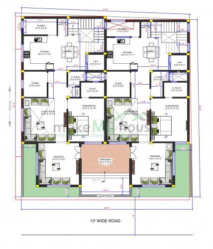 58*60 House plan, 3480 SqFt Floor Plan triplex Home Design- 13286