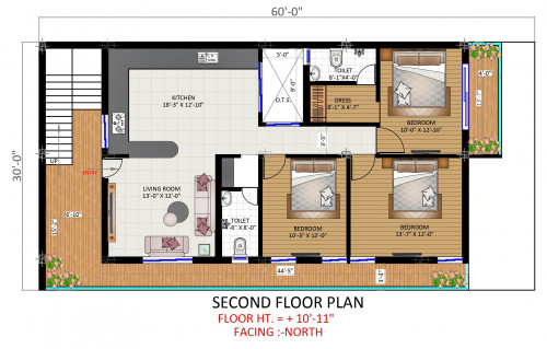 60*30 House plan, 1800 SqFt Floor Plan triplex Home Design- 13375