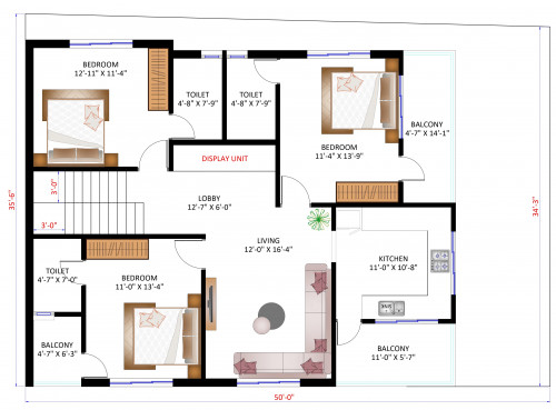 50*36 House plan, 1800 SqFt Floor Plan duplex Home Design- 13408