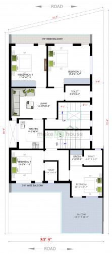32*73 House plan, 2336 SqFt Floor Plan triplex Home Design- 13412