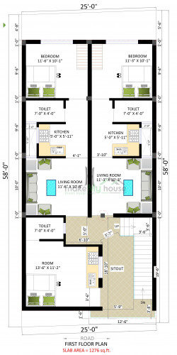 25*58 House plan, 1450 SqFt Floor Plan duplex Home Design- 13413