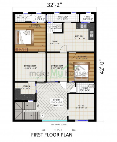 32*42 House plan, 1344 SqFt Floor Plan duplex Home Design- 13422