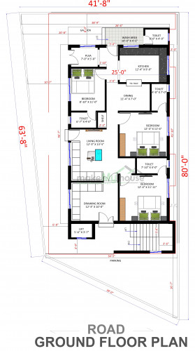 42*80 House plan, 3360 SqFt Floor Plan triplex Home Design- 13492
