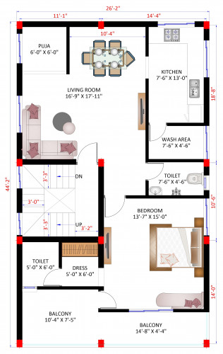 26*44 House plan, 1144 SqFt Floor Plan duplex Home Design- 13495