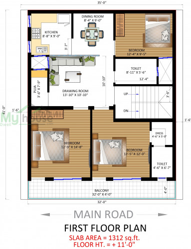 35*41 House plan, 1435 SqFt Floor Plan triplex Home Design- 13545