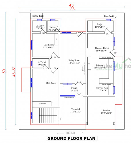 45*50 House plan, 2250 SqFt Floor Plan duplex Home Design- 13731