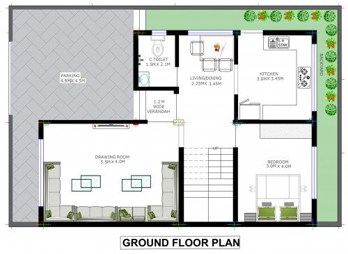 32*40 House plan, 1280 SqFt Floor Plan duplex Home Design- 13740