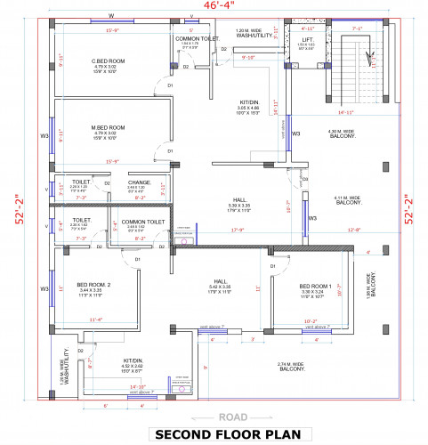 49*54 House plan, 2646 SqFt Floor Plan triplex Home Design- 11848