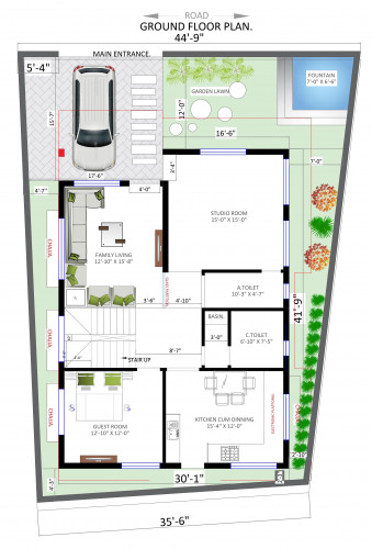 44*59 House plan, 2596 SqFt Floor Plan triplex Home Design- 12093