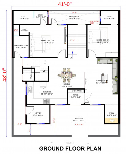 41*48 House plan, 1968 SqFt Floor Plan duplex Home Design- 14006