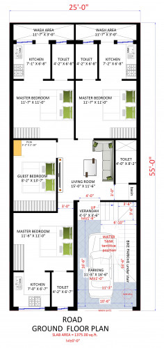 25*55 House plan, 1375 SqFt Floor Plan singlex Home Design- 14015