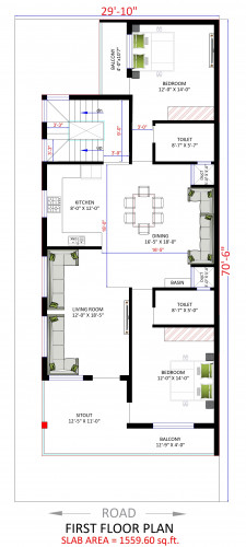 30*70 House plan, 2100 SqFt Floor Plan triplex Home Design- 14283