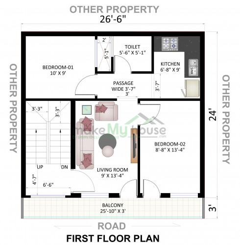 26*27 House plan, 702 SqFt Floor Plan duplex Home Design- 14470