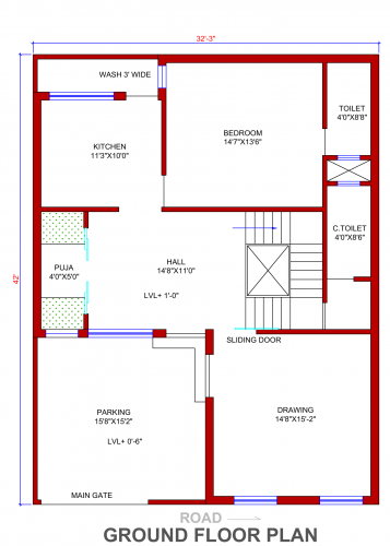 32*42 House plan, 1344 SqFt Floor Plan duplex Home Design- 3245
