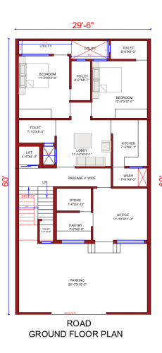 29*60 House plan, 1740 SqFt Floor Plan triplex Home Design- 5564