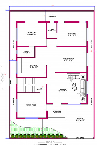 40*60 House plan, 2400 SqFt Floor Plan duplex Home Design- 1082