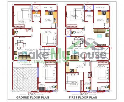 27*53 House plan, 1431 SqFt Floor Plan duplex Home Design- 5464