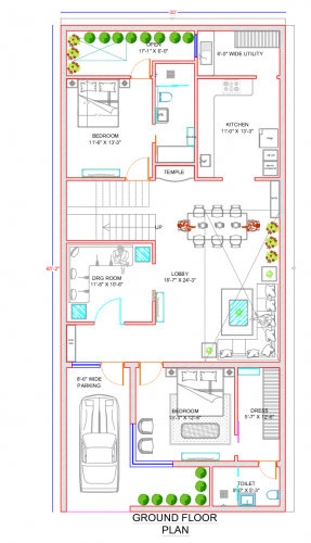 30*65 House plan, 1950 SqFt Floor Plan triplex Home Design- 4283