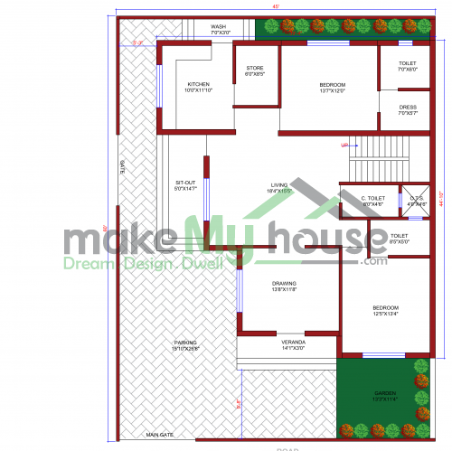 45*60 House plan, 2700 SqFt Floor Plan duplex Home Design- 1880