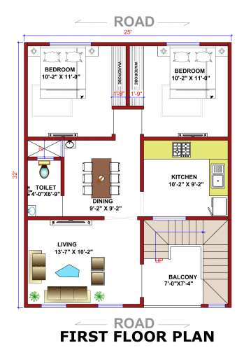25*32 House plan, 800 SqFt Floor Plan duplex Home Design- 3006