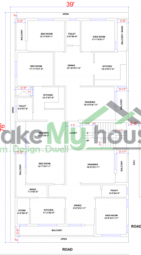 39*76 House plan, 2964 SqFt Floor Plan singlex Home Design- 936