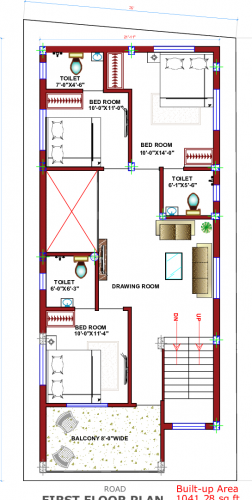 26*56 House plan, 1456 SqFt Floor Plan duplex Home Design- 7016