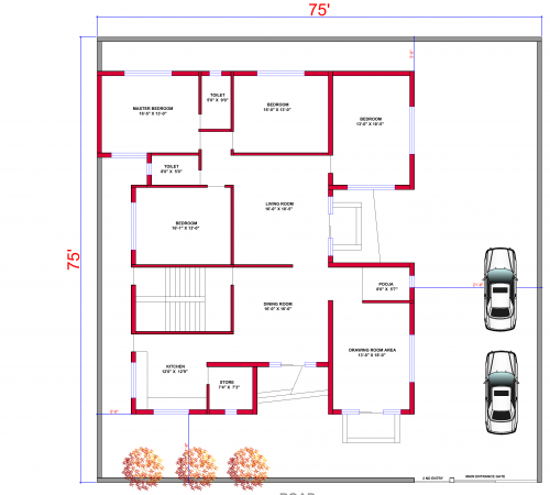 75*75 House plan, 5625 SqFt Floor Plan singlex Home Design- 526
